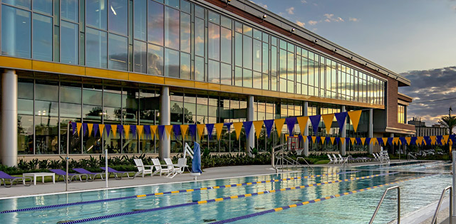LSU Indoor Track Accents UREC Exterior | Athletic Business